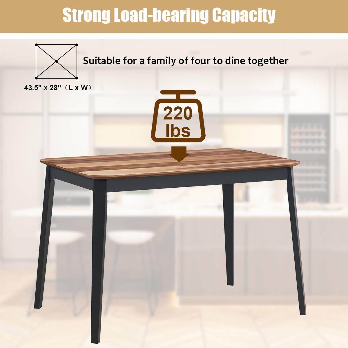 Giantex 43.5" L Rectangular Dining Table, Farmhouse Dinette Table w/ 4 Rubber Wood Legs, Kitchen Dinner Table for Kitchen Dining Room Living Room (Walnut & Black)