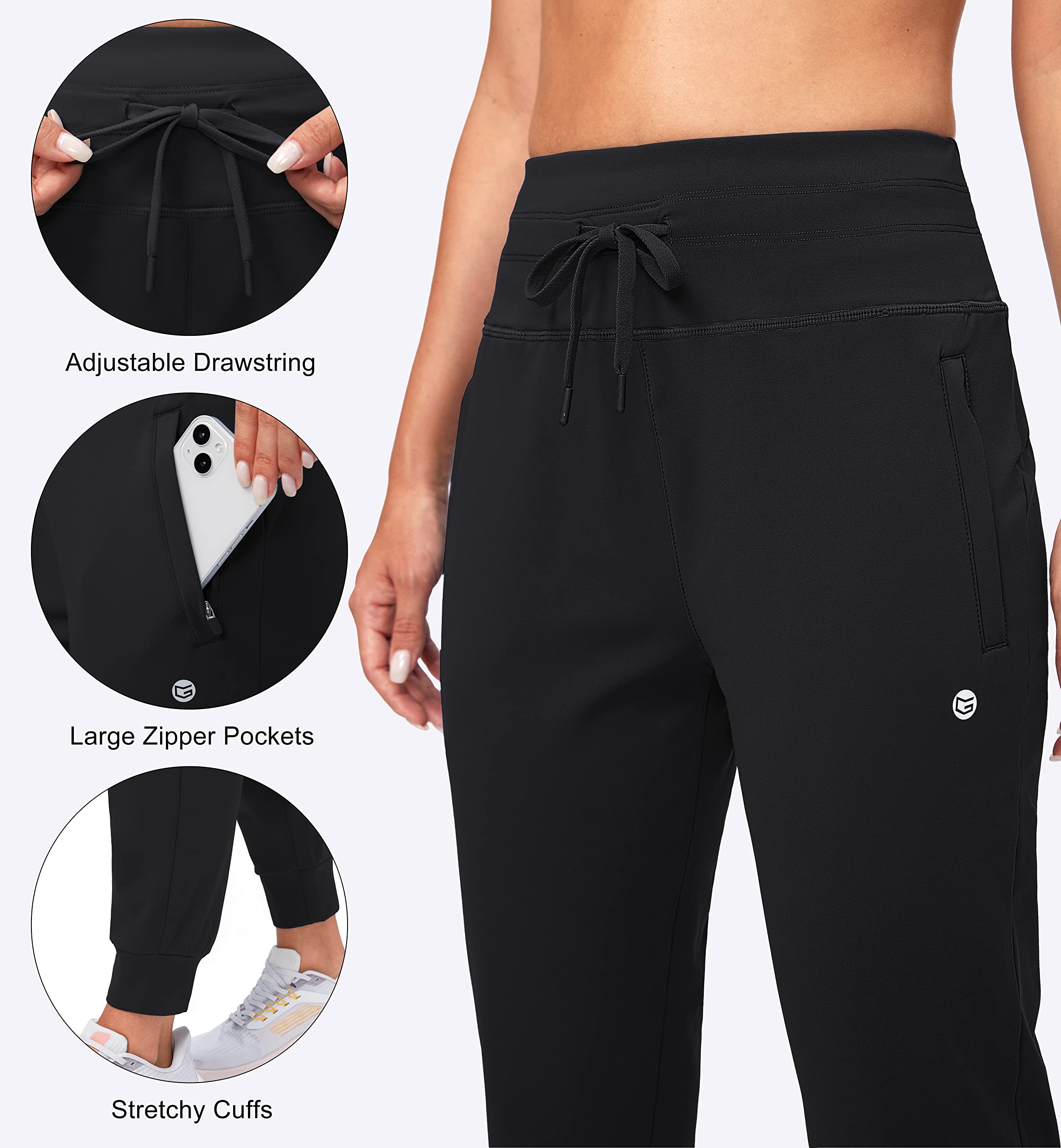 G Gradual Women's Fleece Lined Joggers High Waisted Water Resistant Thermal Winter Sweatpants Running Hiking Pockets (Black, S)