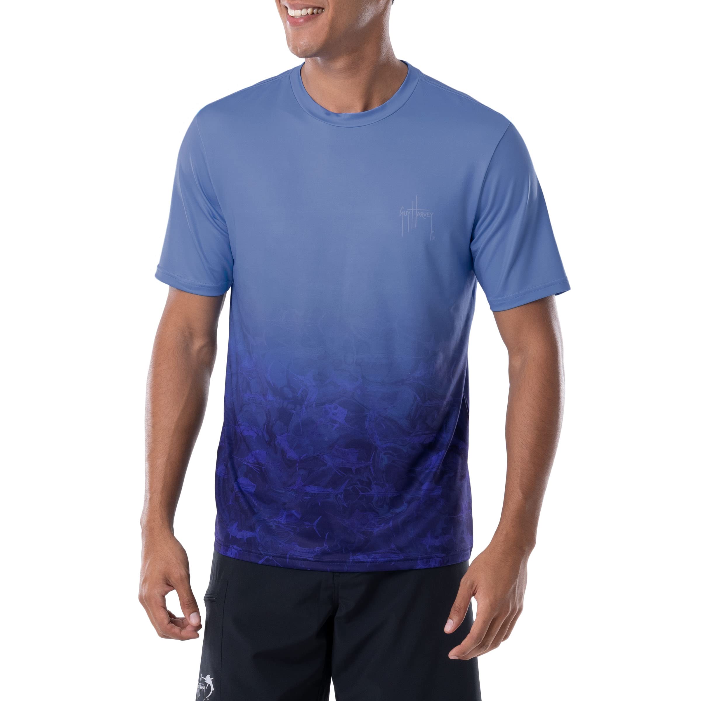 Guy Harvey Men’s Short Sleeve Performance Shirt with 50+ UPF Sun Protection, Estate Blue/Ombre Bills, Large