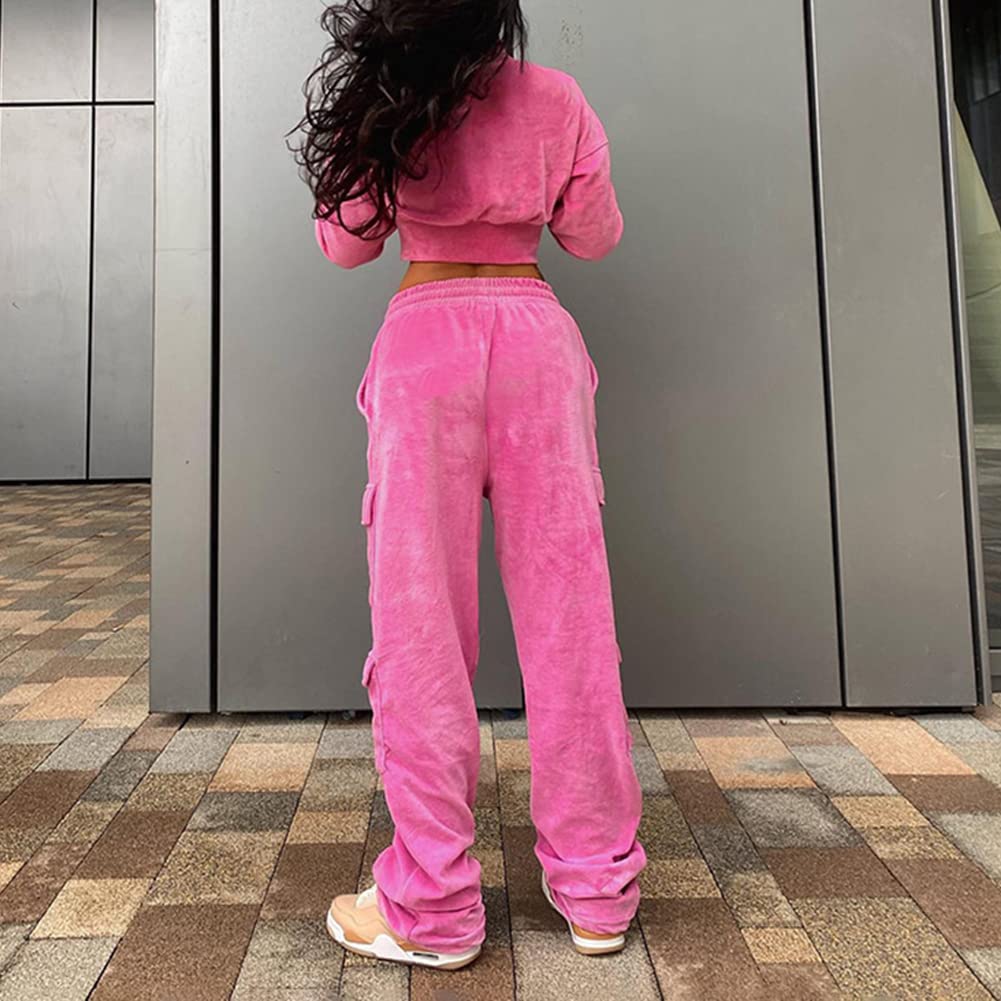 HBER Women's 2 Piece Velour Tracksuit Set Solid Color Long Sleeve Zipper Cropped Jacket and Sweatpants Y2K Sweatsuit Set