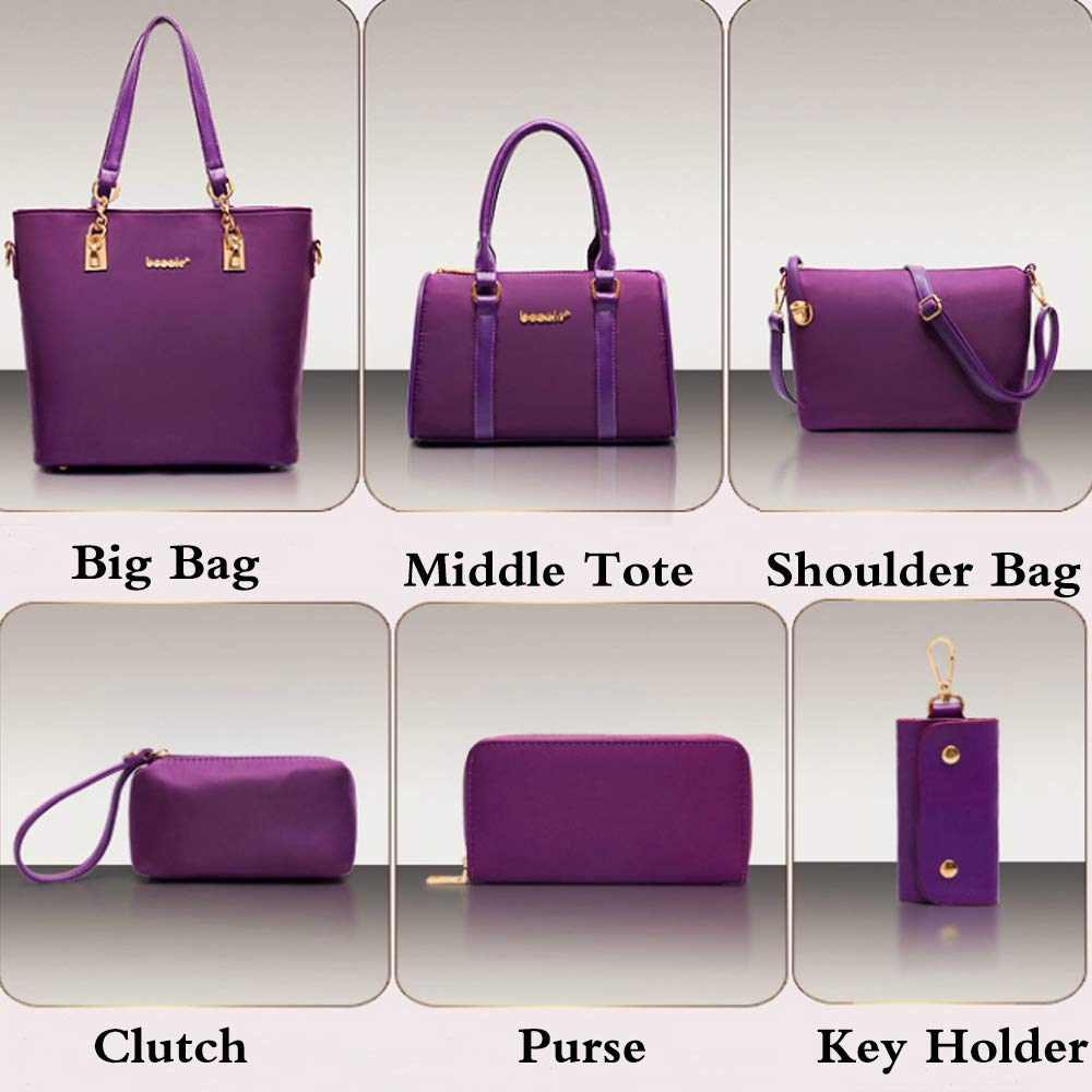 FiveloveTwo Women 6Pcs Handbag Set Nylon Top Handle Bag Totes Satchels Crossbody Shoulder Bags and Purse Clutch