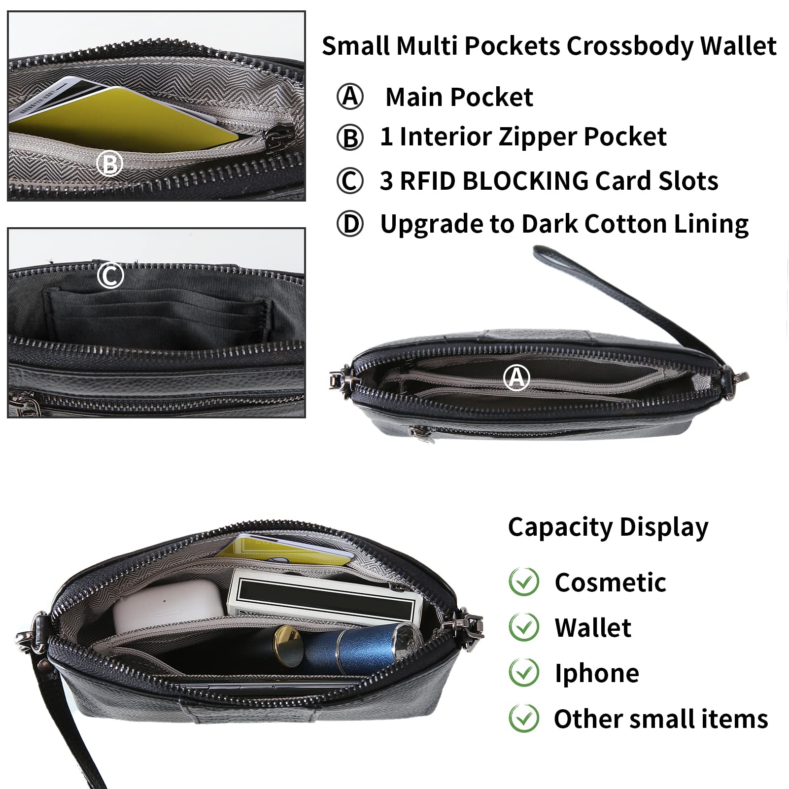 Hippopo Genuine Leather RFID Blocking Tiny Crossbody Wallet for Women Handbag Wristlet Purse (Black)