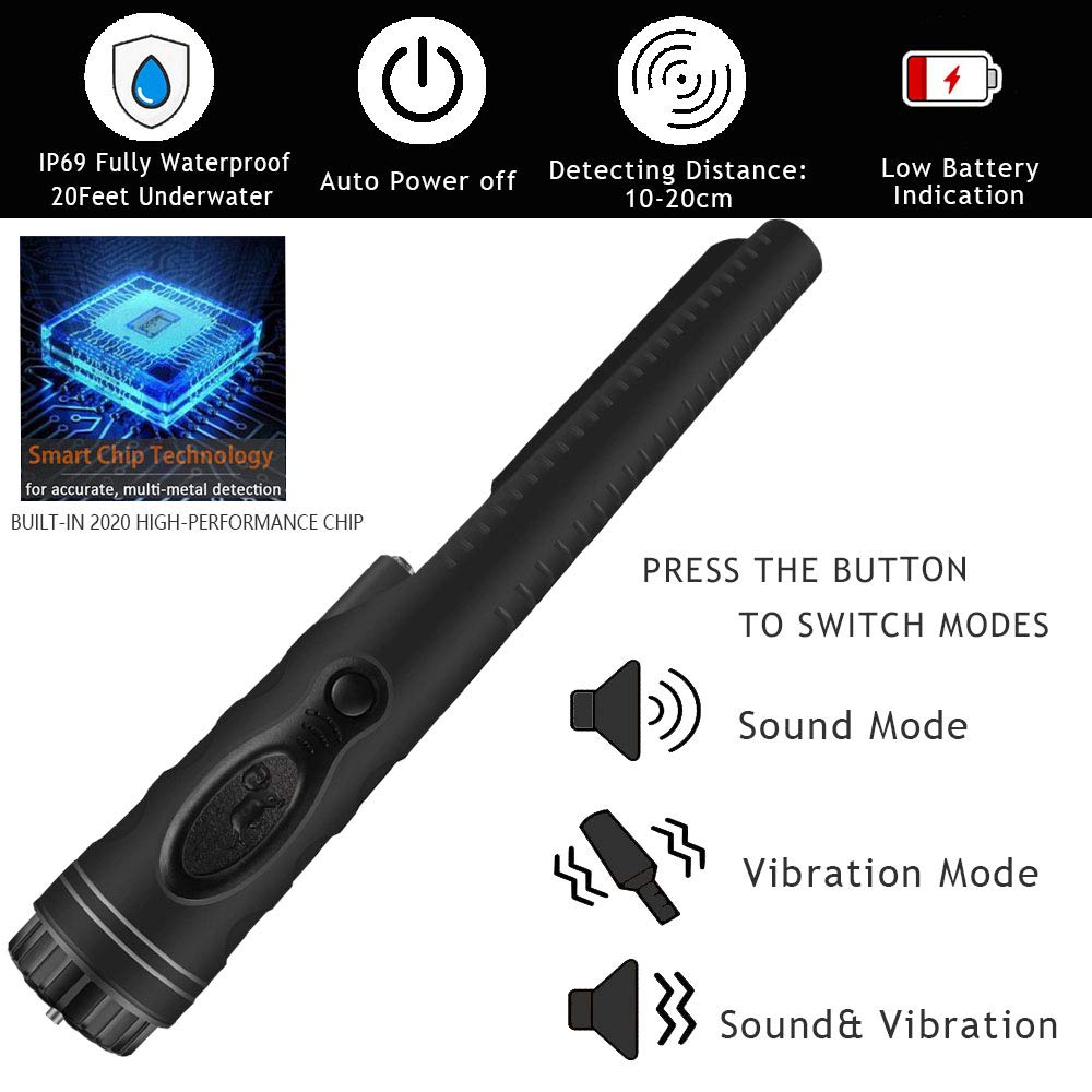 Fully Waterproof Pinpoint Metal Detector Pinpointer 360° Search Pinpointing Finder Probe Treasure Hunting Tool Accessories for Adults and Kids (Three Mode) 2023 Hs08-Black