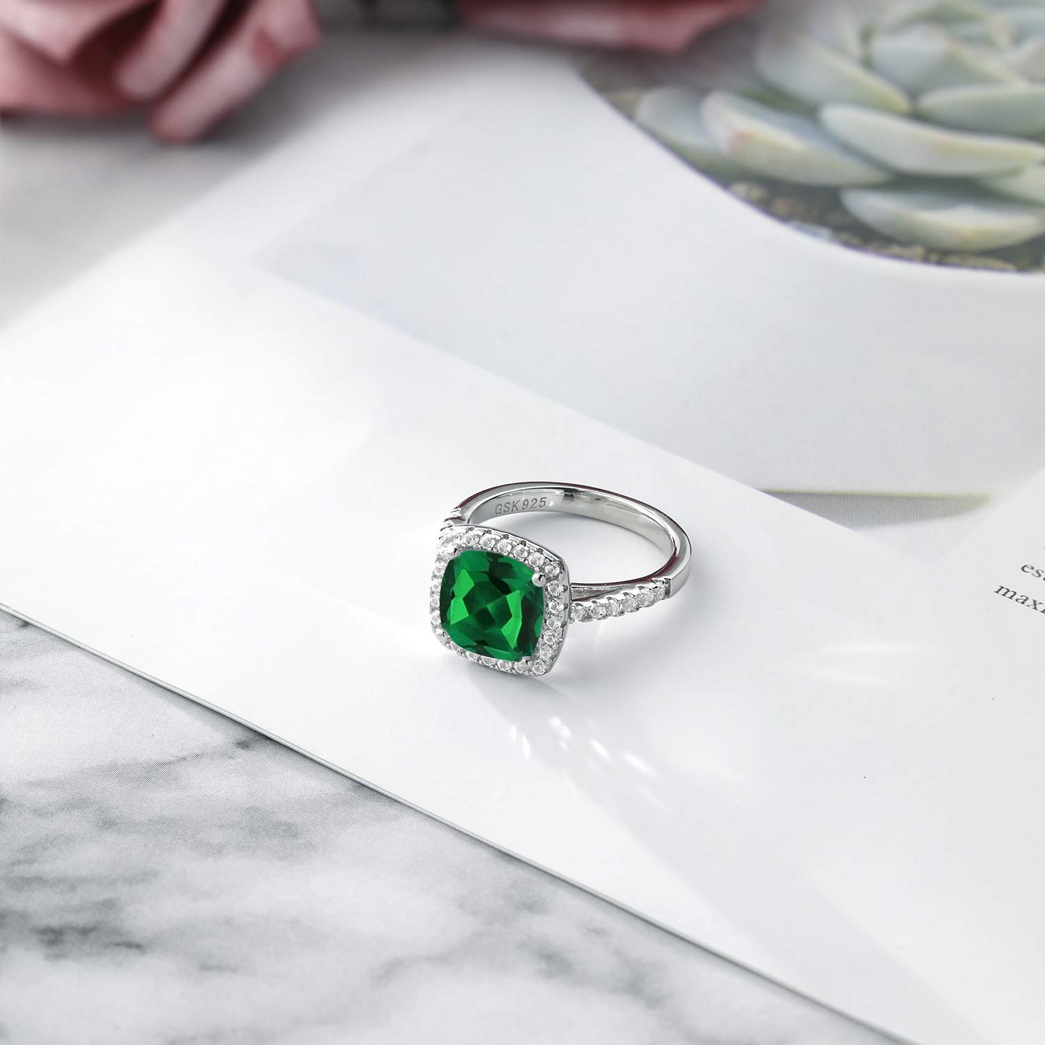 Gem Stone King 925 Sterling Silver Simulated Emerald and White Created Sapphire Engagement Ring For Women (3.00 Cttw, Available In Size 5, 6, 7, 8, 9)