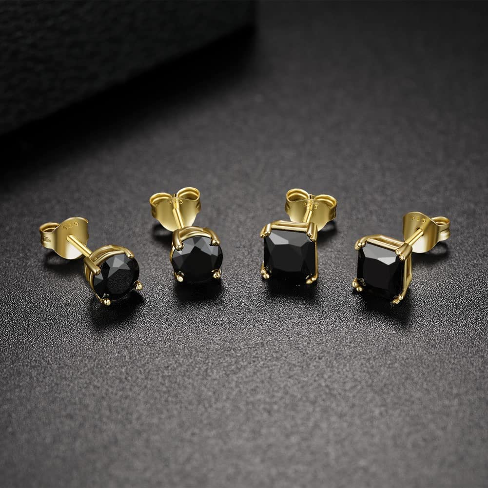 Foruiston 925 Sterling Silver Black Stud Earrings for Women and Men, Solitaire Cubic Zirconia Round & Princess Cut Heart-Shaped, 6mm (Round-Cut, Gold)