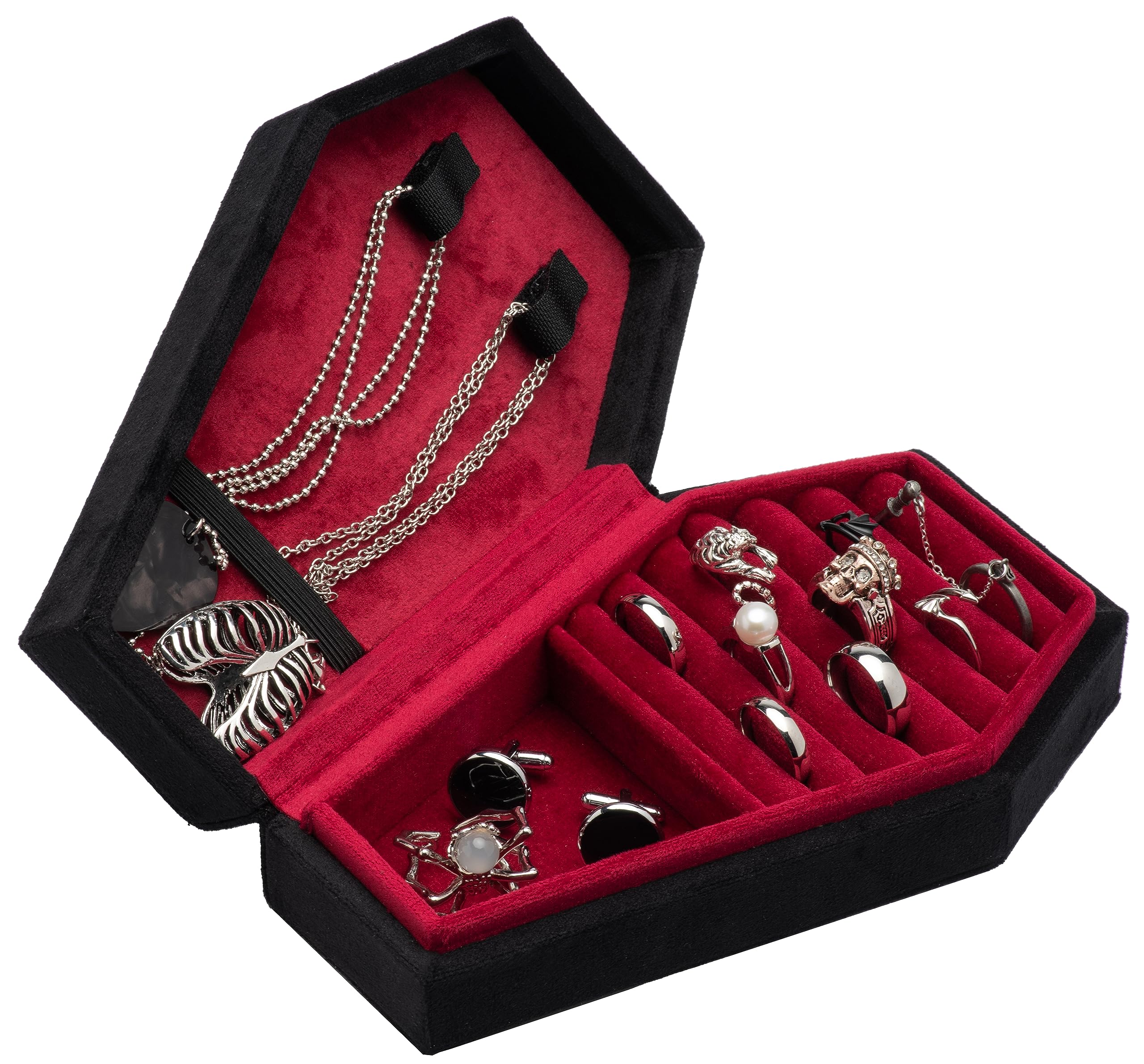 Giftop Velvet Coffin Jewelry Travel Case Holder for Gothic Wedding Ceremony,Gothic Jewelry Organizer Decoration (Black and Red)