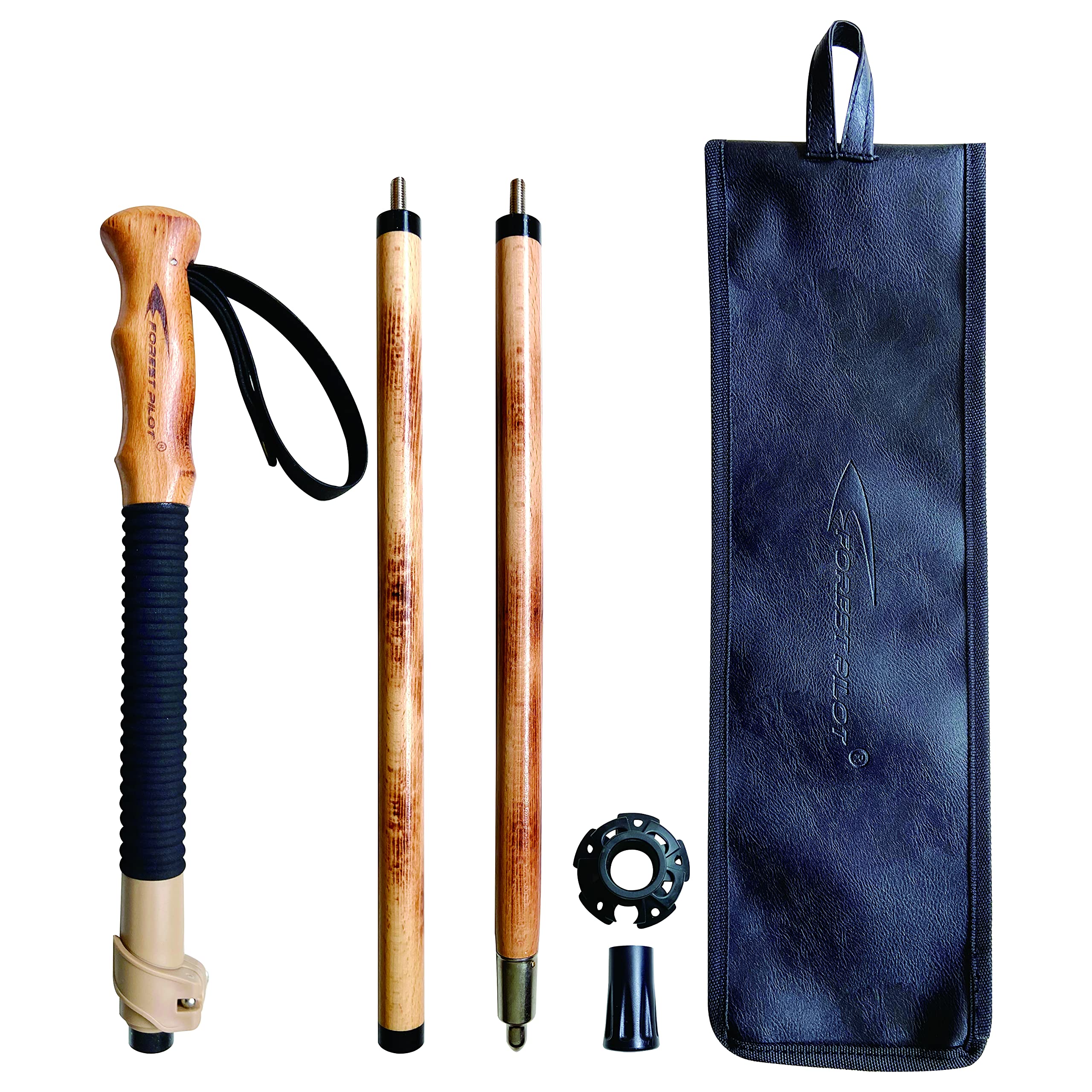 FOREST PILOT Trekking Pole- 1-pc Pack - Adjustable Hiking or Walking Stick âStrong, Natural Beech Wood - Quick Adjust Flip-Lock - Beech Wood Grip, Leather Strap (Black)