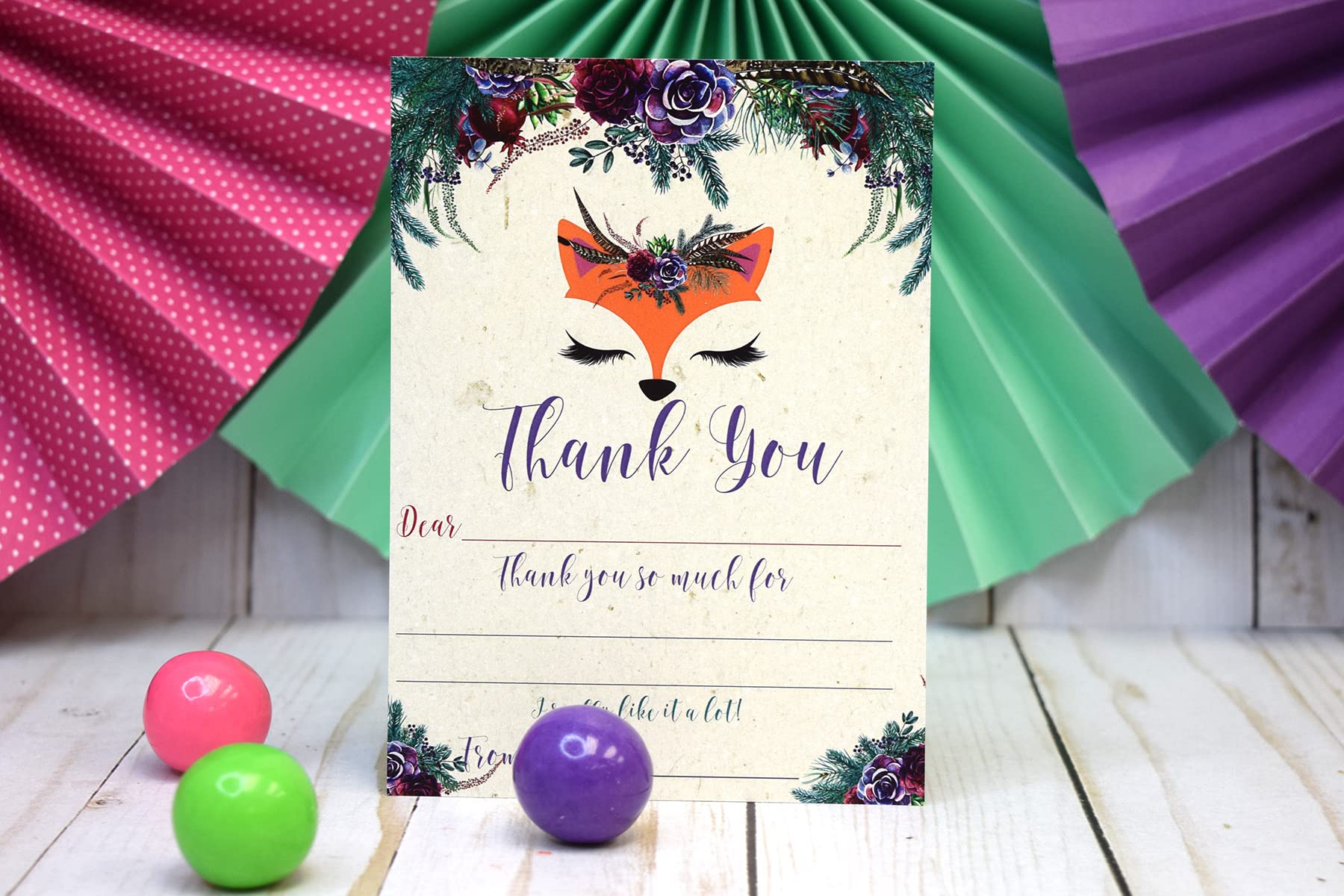 Woodland Forest Fox Face Floral Thank You Notes, Ten 4" x 5.5" Fill In The Blank Cards with 10 White Envelopes by AmandaCreation