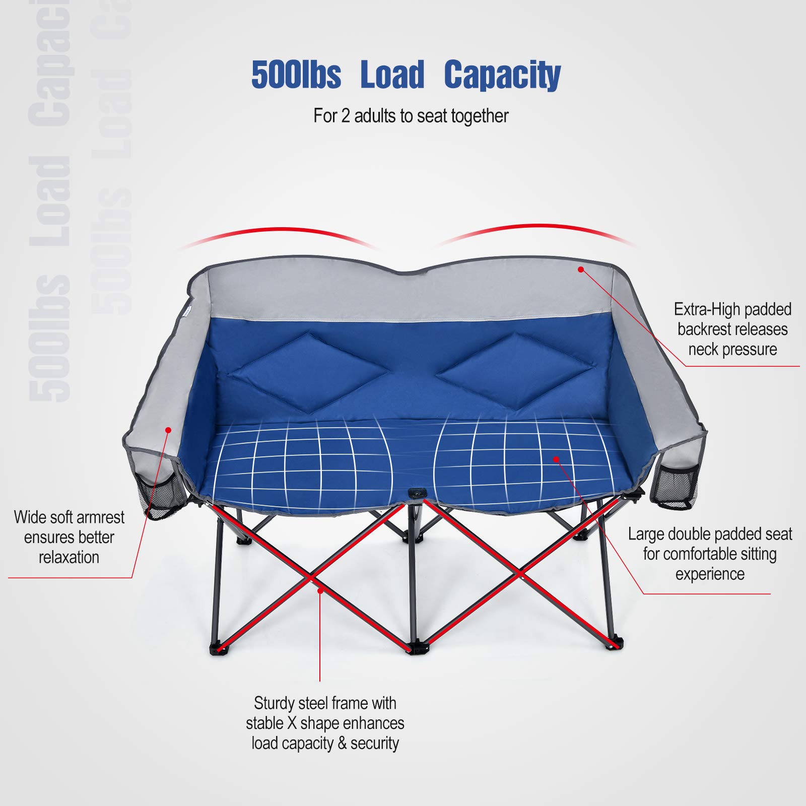 Goplus Loveseat Camping Chair, Double Folding Chair for Adults Couples w/Storage Bags & Padded High Backrest, Oversize Camp Seat for Fishing Picnic (Blue)