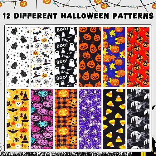 Ganeen 60 Pcs Cotton Jelly Halloween Fabric Roll Pumpkin Ghost Fabric Strips Cotton Jelly Fabric Halloween Quilting Fabric Roll for Quilting Cloth Patchwork Sewing DIY Craft, 12 Styles