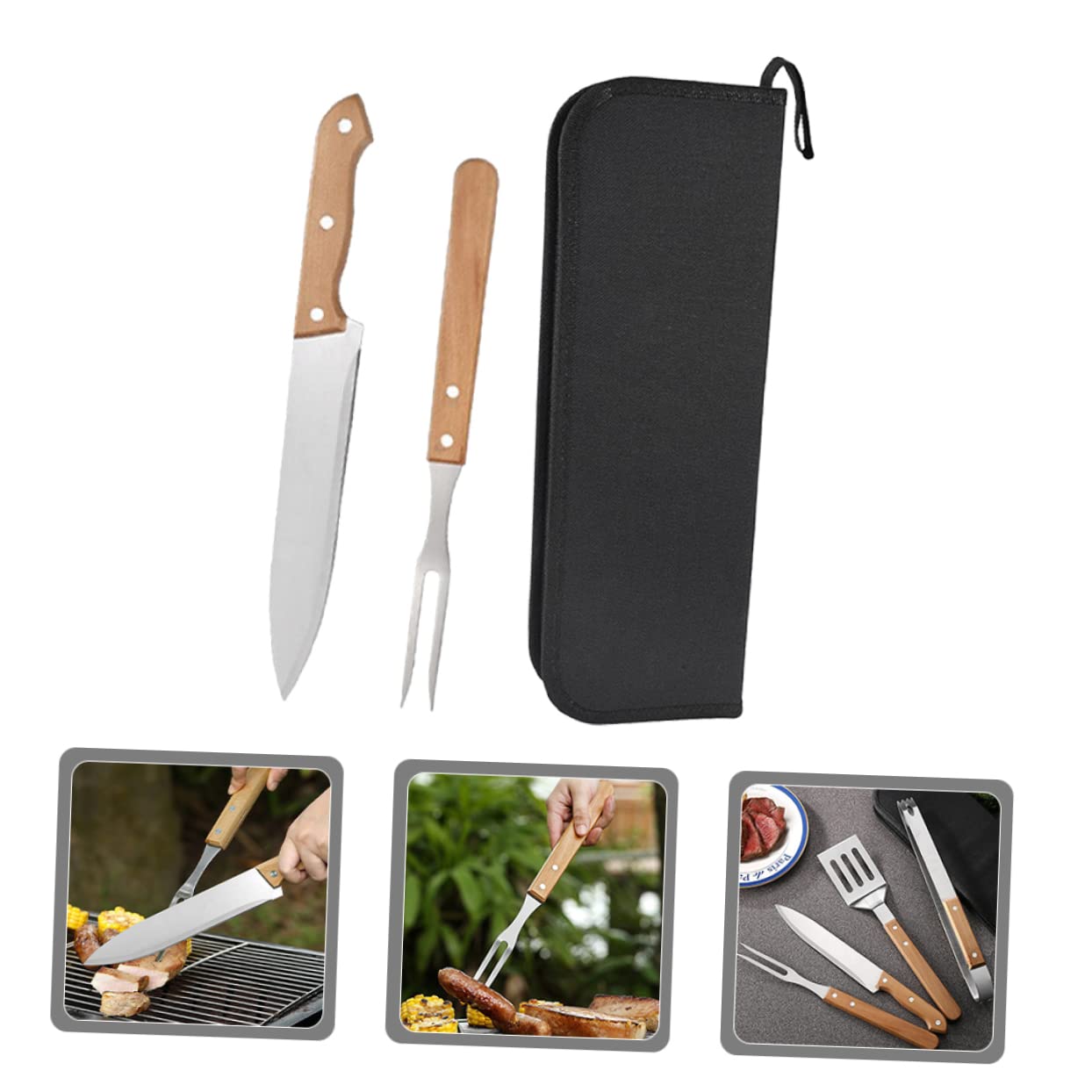 GANAZONO 3 Sets Barbecue and Fork Tools Brisket Slicing Knives for Slicing Meats Barbecue Kitchen Fork Kitchen Roast Fork Barbecue Supplies Wooden Handle Portable Travel