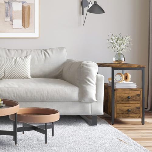 Fixwal Side Table with Charging Station, Narrow End Table with 2 Wooden Drawers, Nightstand Sofa Table for Small Spaces, Living Room, Bedroom, Rustic Brown