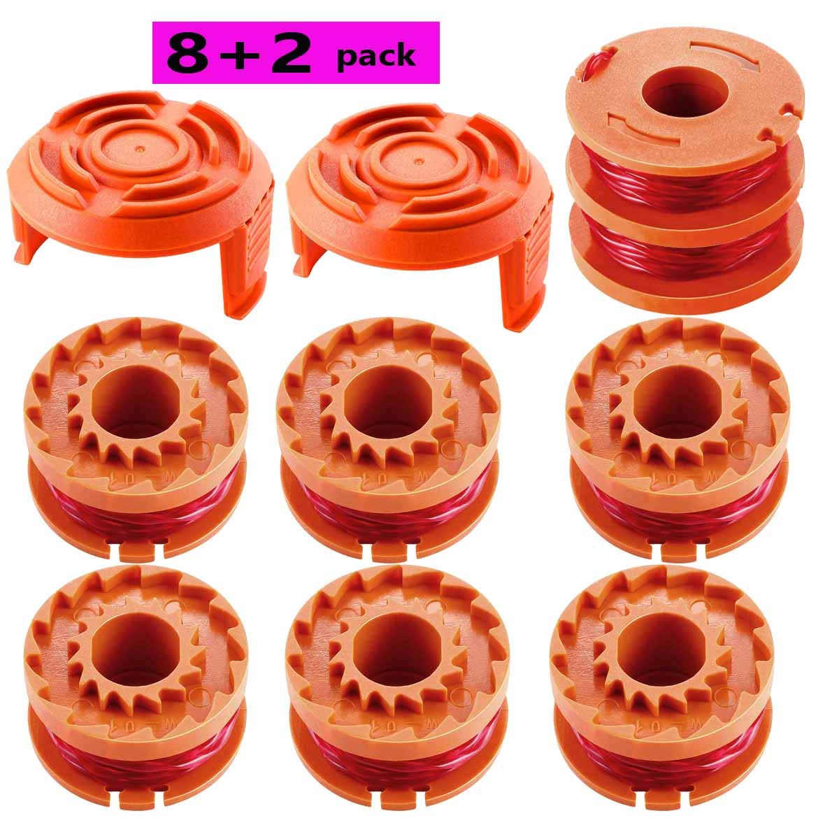 Fyange 10ft 0.065" Line String Trimmer Replacement Spool for Worx WA0010 WG180 WG163 WG175 Electric Trimmer/Edger Weed Eater Line 10ft 0.065 ”+ 2 Pack Spool Cap Covers (8 Spools, 2 Caps)