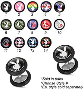 Forbidden Body Jewelry 16g Surgical Steel Playboy Logo Epoxy Inlay Cheater Plug Earrings (Style 3)