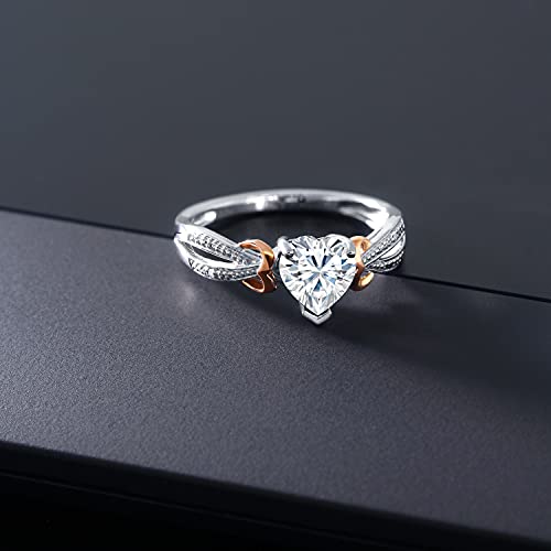 Gem Stone King 925 Sterling Silver and 10K Rose Gold White Heart Shape Moissanite and White Diamond Women Ring (0.81 Cttw, Available In Size 5, 6, 7, 8, 9)