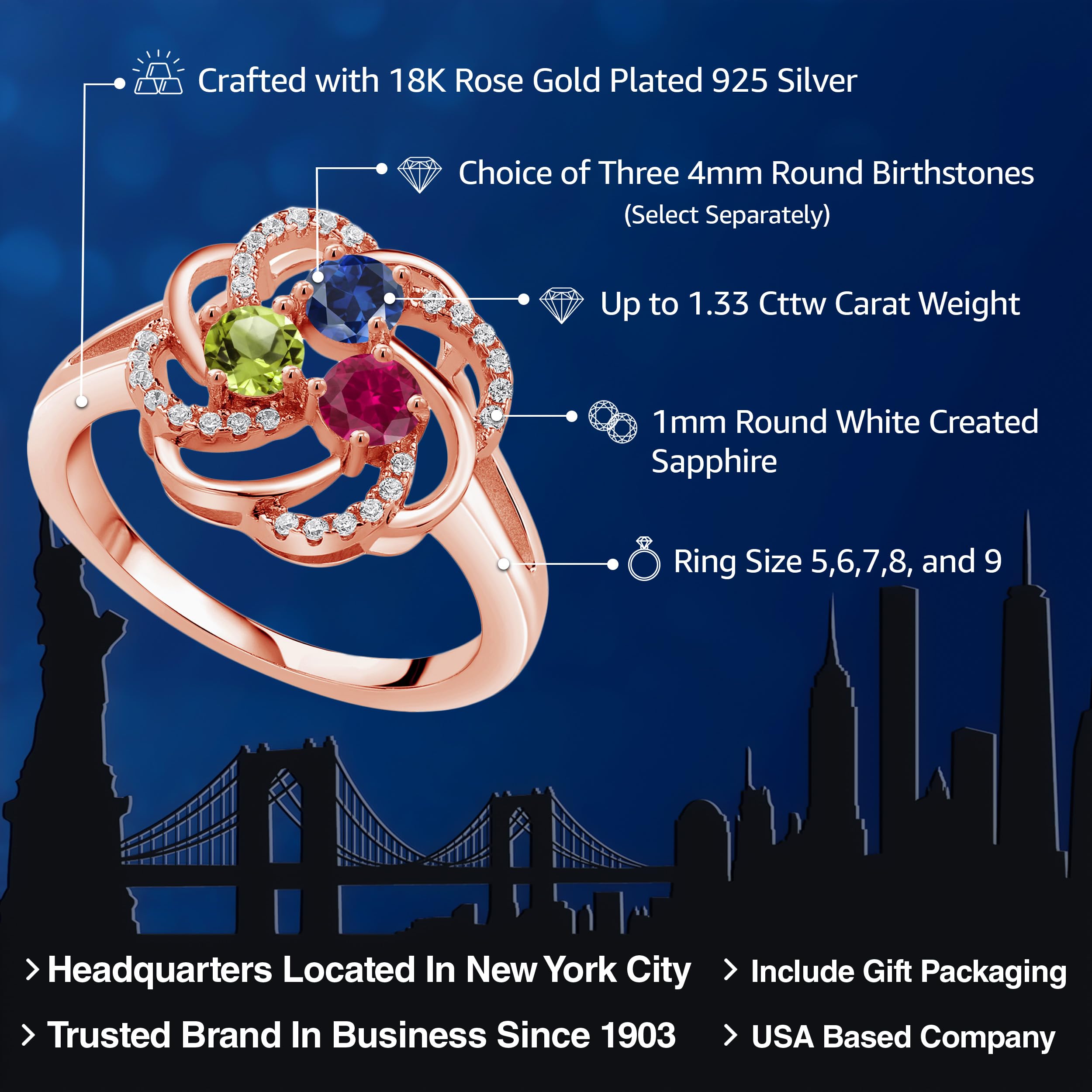 Gem Stone King Customized and Personalized Build Your Own 3-Stone Birthstones White Created Sapphire 18K Rose Gold Plated Silver Ring (Size 8)
