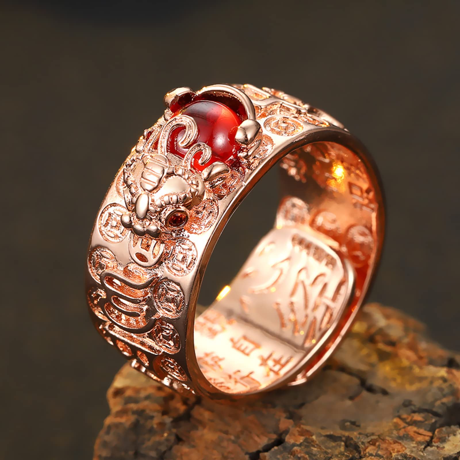 HJ HUAJ Mantra Ring Feng Shui PiXiu MANI Mantra Protection Wealth Ring Adjustable Ring, RoseGold