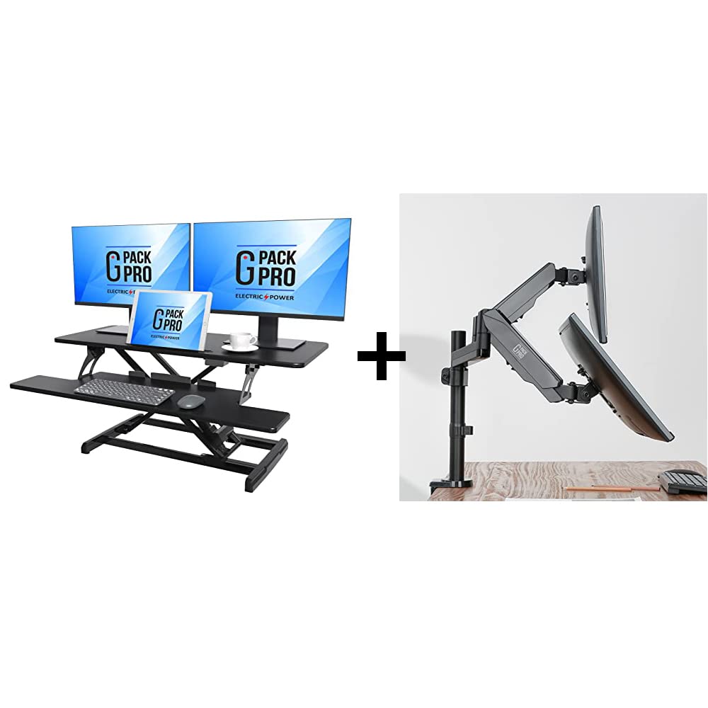 G-PACK PRO X38 Large Height Adjustable Electric Standing Desk Converter with Dual 11 Monitor Mount Arm Bundle - Quick Sit Stand Up Computer Workstation Riser -...