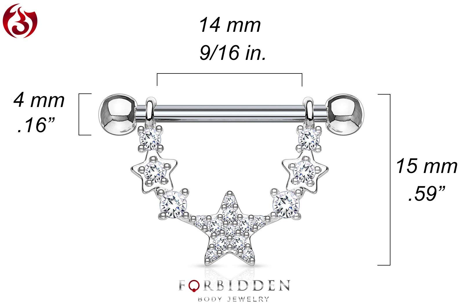 Forbidden Body Jewelry Pair of Surgical Steel 9/16 Inch D-Ring Style Pave CZ Star Chain Dangle Nipple Barbells, Silver Tone