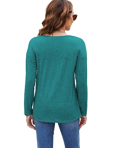 Sherosa Womens V Neck T Shirts Long Sleeve Cotton Cute Soft V Neck Tee Blue Green L