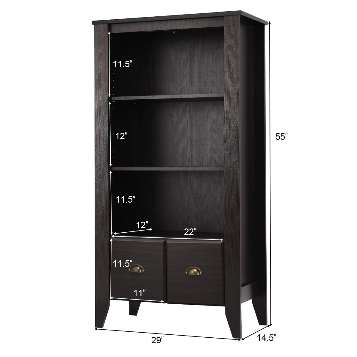 GLACER Bookshelf Bookcase, Multifunctional Cabinet with 2 Adjustable Shelves and 2 Drawers, Ideal for Home Office Bedroom and Living Room