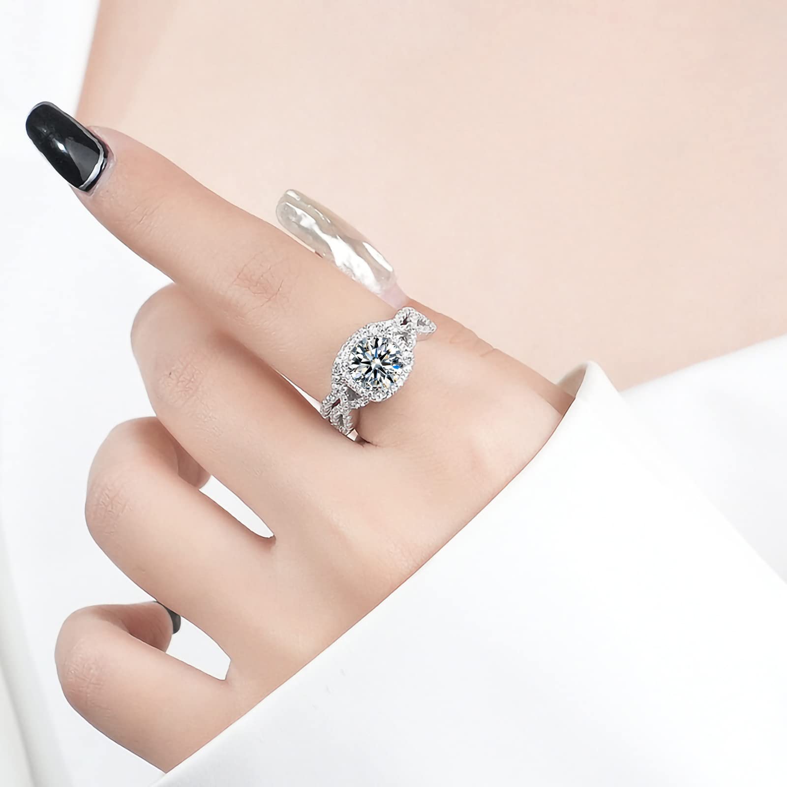 GUYOICHT 925 Sterling Silver Twisted Bridal Wedding Engagement Ring Band Set, Round Cut Moissanite Engagement Rings for Women Size 6-8 (style 1, 7)
