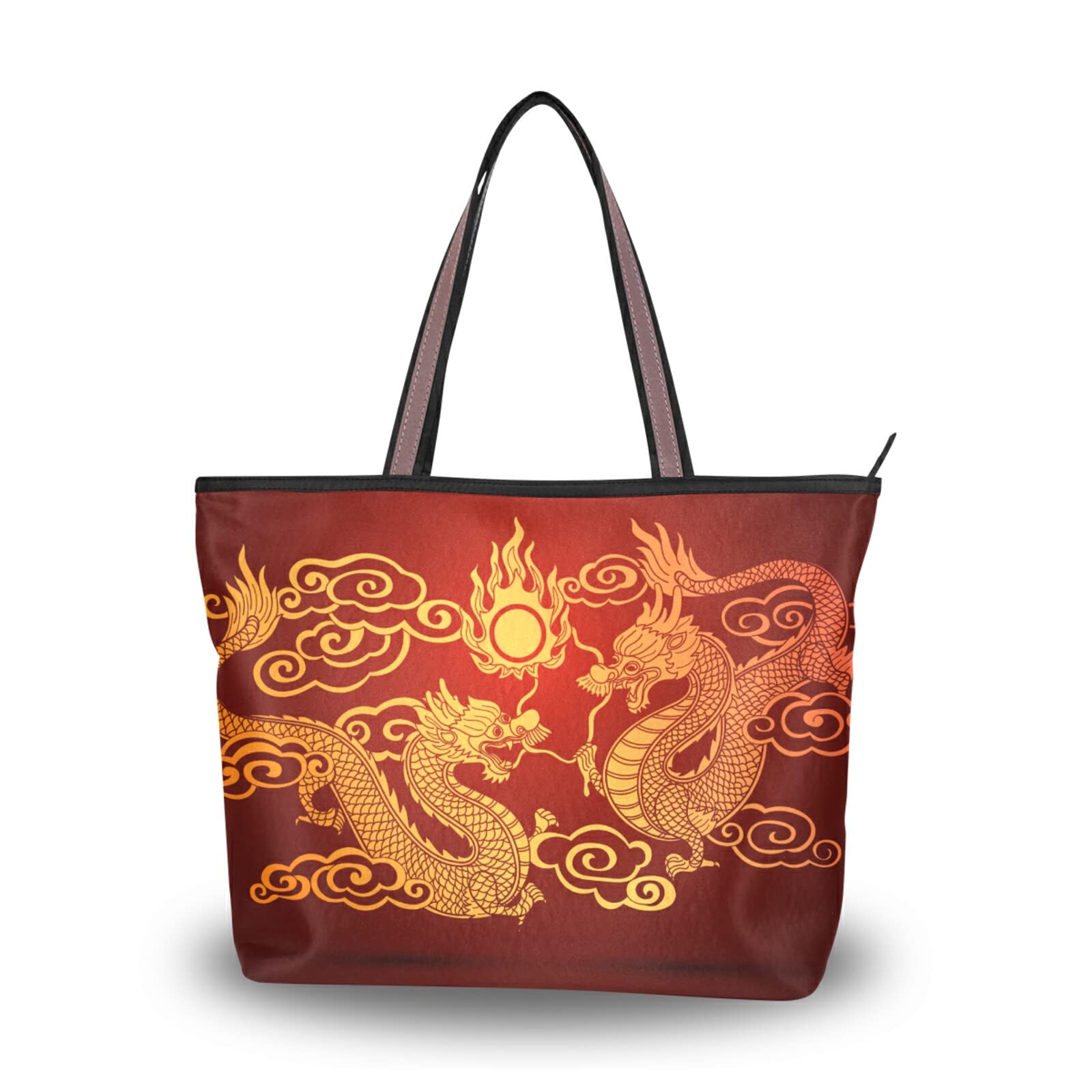 Golden Dragons Tote Bag Aesthetic, Large Capacity Zipper Women Grocery Bags Purse for Daily Life 2 Sizes