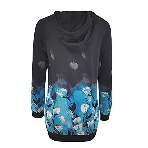 FMCHICO V Neck Blouses For Women Womens Floral Hoodies Sweatshirt Long Sleeve Drawstring Casual Pullover Tops Sweatshirts Blue