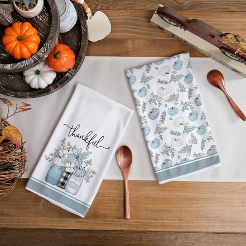 GEEORY Fall Kitchen Dish Towels Set of 2 for Fall Decor,Hello Pumpkin Blue Buffalo Plaid Printed Pumpkin 18x26 Inch Drying Dishcloth,Farmhouse Home Decoration GD118