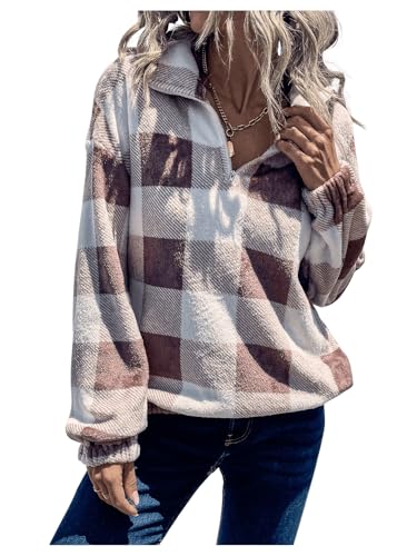 GORGLITTER Women's Quarter Zip Pullover Fall Shirts 2024 Sweatshirt Work Clothes White and Brown X-Large