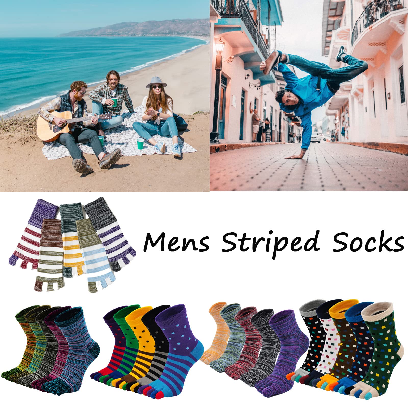 HABUAETY Toe Socks Men Five Finger Cotton Sock Running Athletic 5 Toe Ankle Striped Sox 5 Pairs (Multicolor 6)