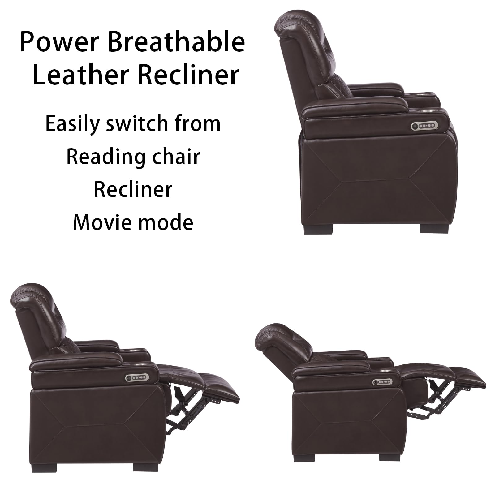 THSUPER Power Breathable Leather Reclining Sofa Set with LED Light, Home Theater Seating Recliner Couch with Adjustable Headrest/Reading Light/USB Port/Wireless Charing/Bluetooth Speaker, Black