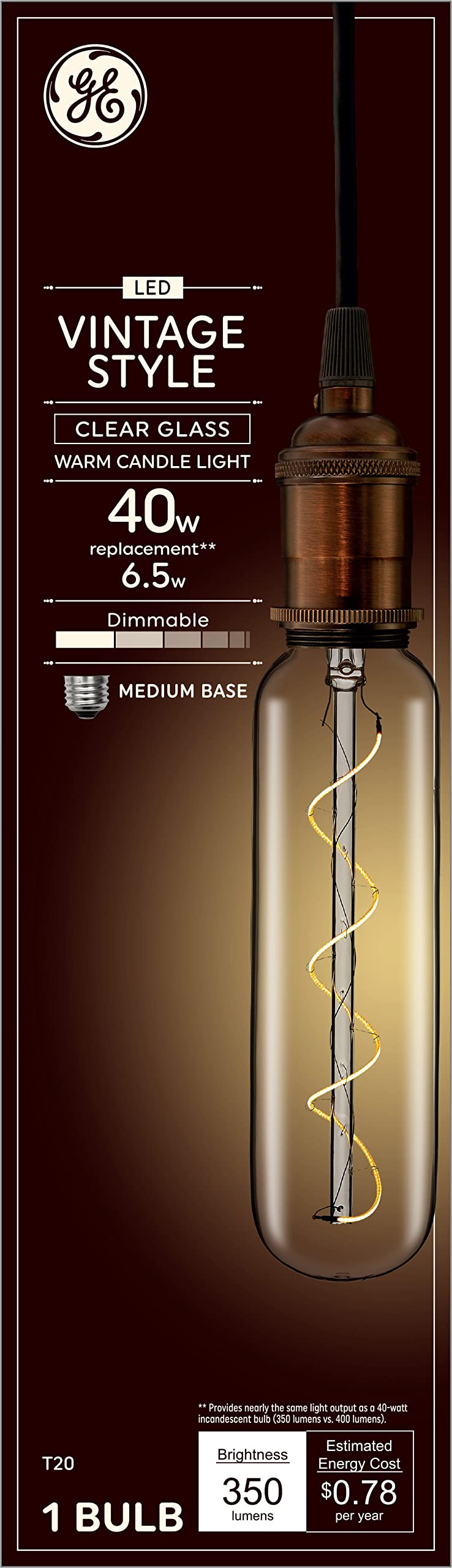 GE Vintage Style LED Light Bulb, 40 Watt, Clear Finish, Warm Candle Light, T20 Tube Light