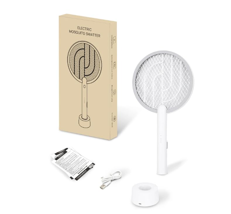 VLISBO Electric Mosquito Swatter 3000V Bug Zapper Racket Dual Modes 2 in 1 Mosquito Killer with Fly Light with USB Rechargeable Base Powerful Fly Trap Lamp for Home, Kitchen, Patio - Grey White