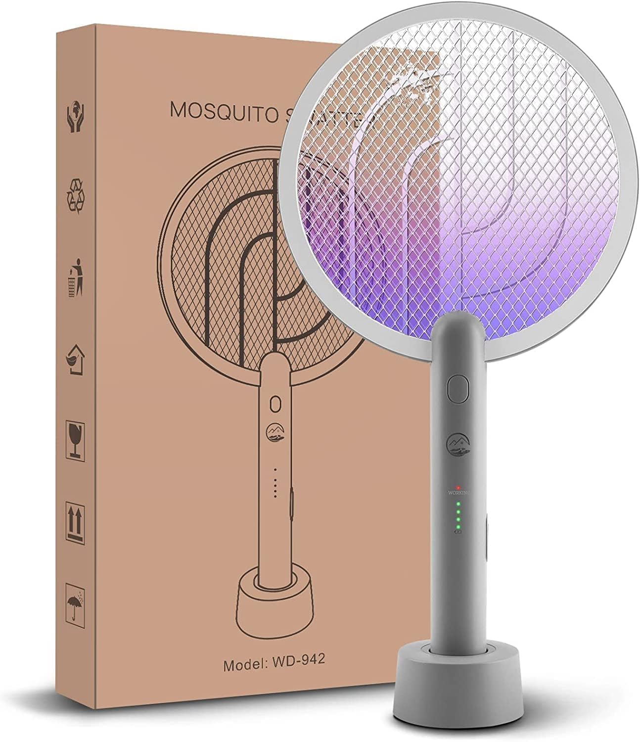 VLISBO Electric Fly Swatter 4000V Bug Zapper Racket Dual Modes 2 in 1 Mosquito Killer with Mosquito Light with USB Rechargeable Base Powerful Fly Trap Lamp for Home, Kitchen, Patio - Pure White
