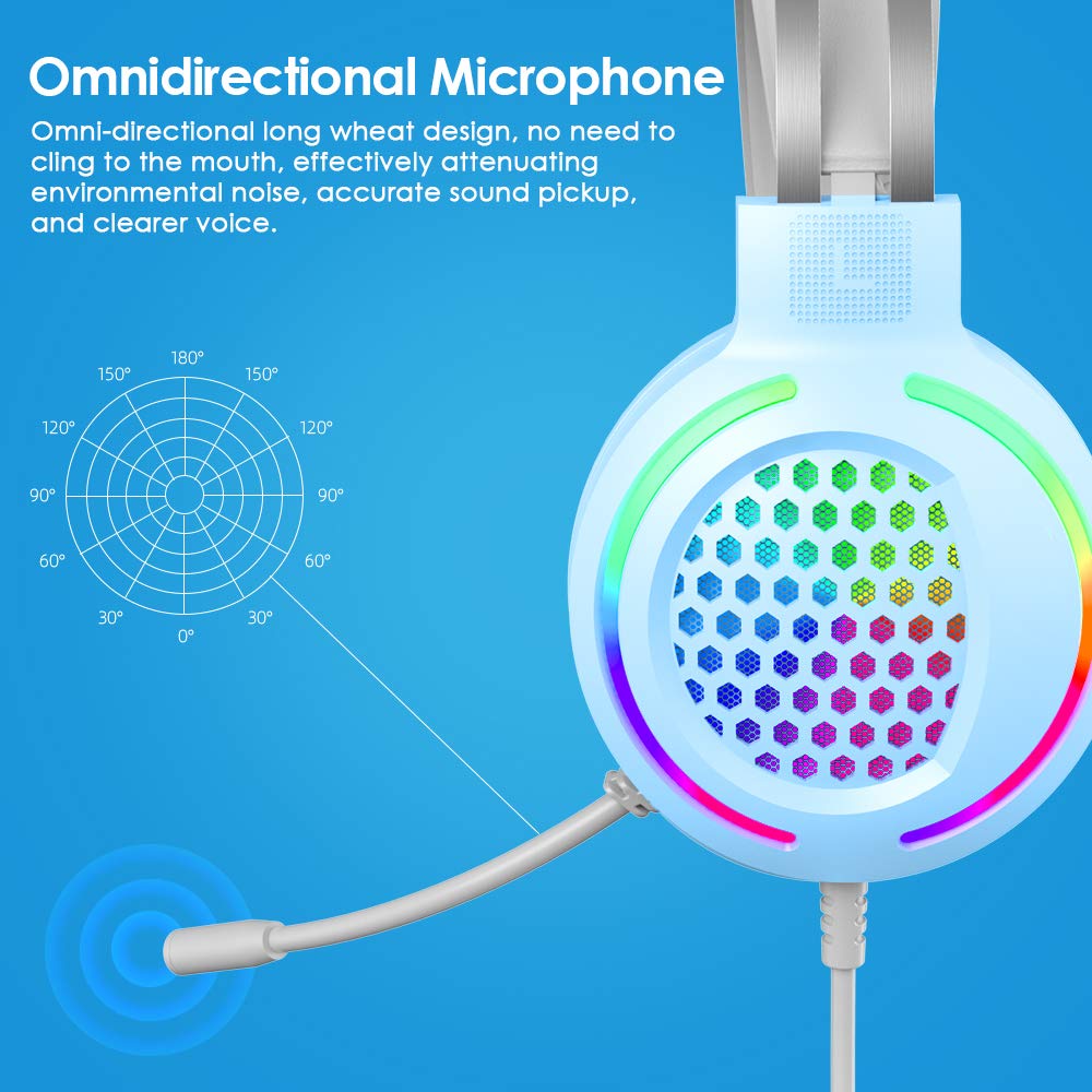 Gaming Headset,Rainbow LED Backlit, 3.5mm Stereo Surround with Microphone Compatible with Smart Phones, PC, PS4 and Other Gaming Devices, can Control Volume and Noise Reduction (Blue)