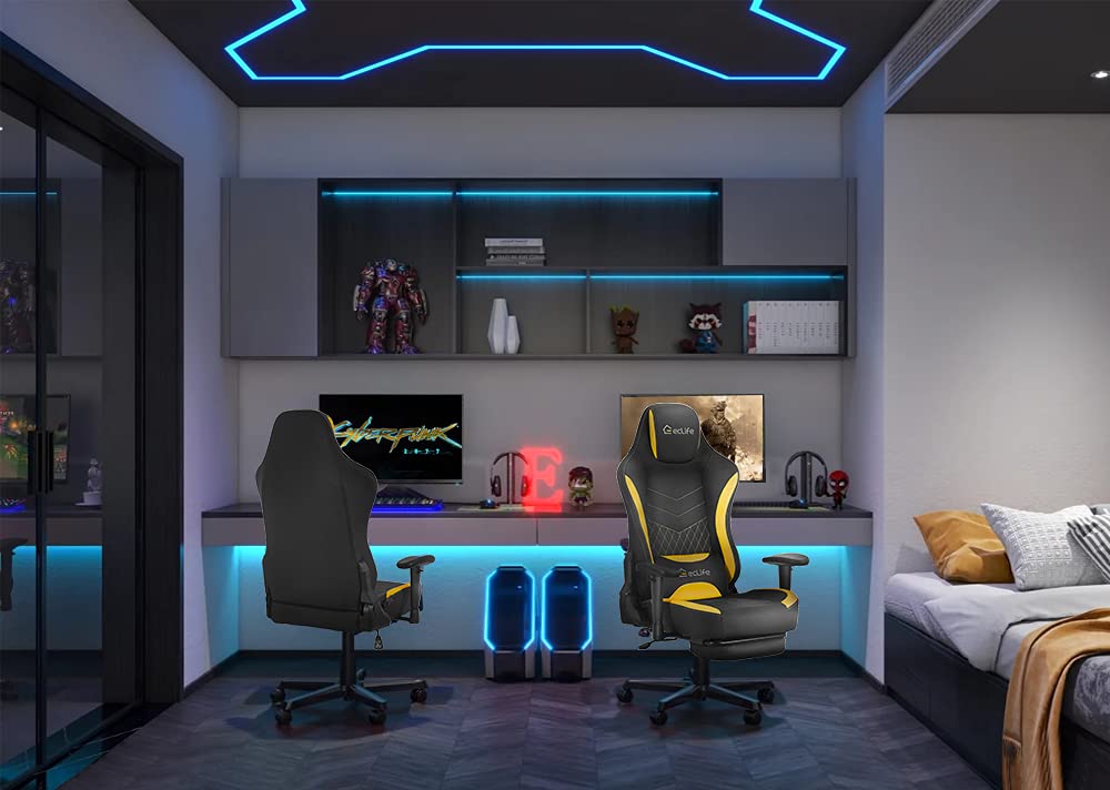 Gaming Chair Racing Footrest Massage Computer - Cushioned Comfort High Back PU Leather USB Vibrator Ergonomic Recliner Home Office Video Game for Kids for Gift for PS5 (Yellow, D06)