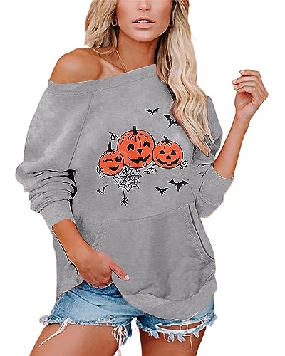 FLOYU Pumpkin Face Sweatshirt Women Halloween Off The Shoulder Tops Fall Pumpkin Pullover Halloween Long Sleeve Clothes Grey