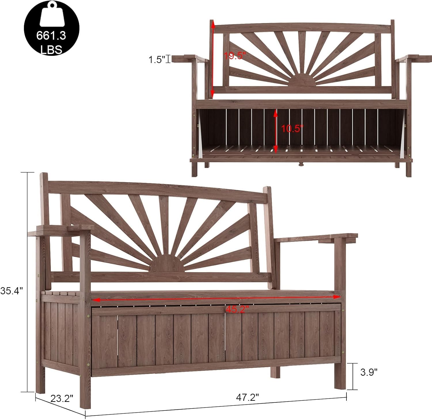 Timechee Outdoor Storage Bench Large Deck Box, 47.2" Patio Wooden Loveseat Benches, Garden Seating Furniture with Cup Holder & Storage Space for Tools for Deck, Porch & Balcony, Brown