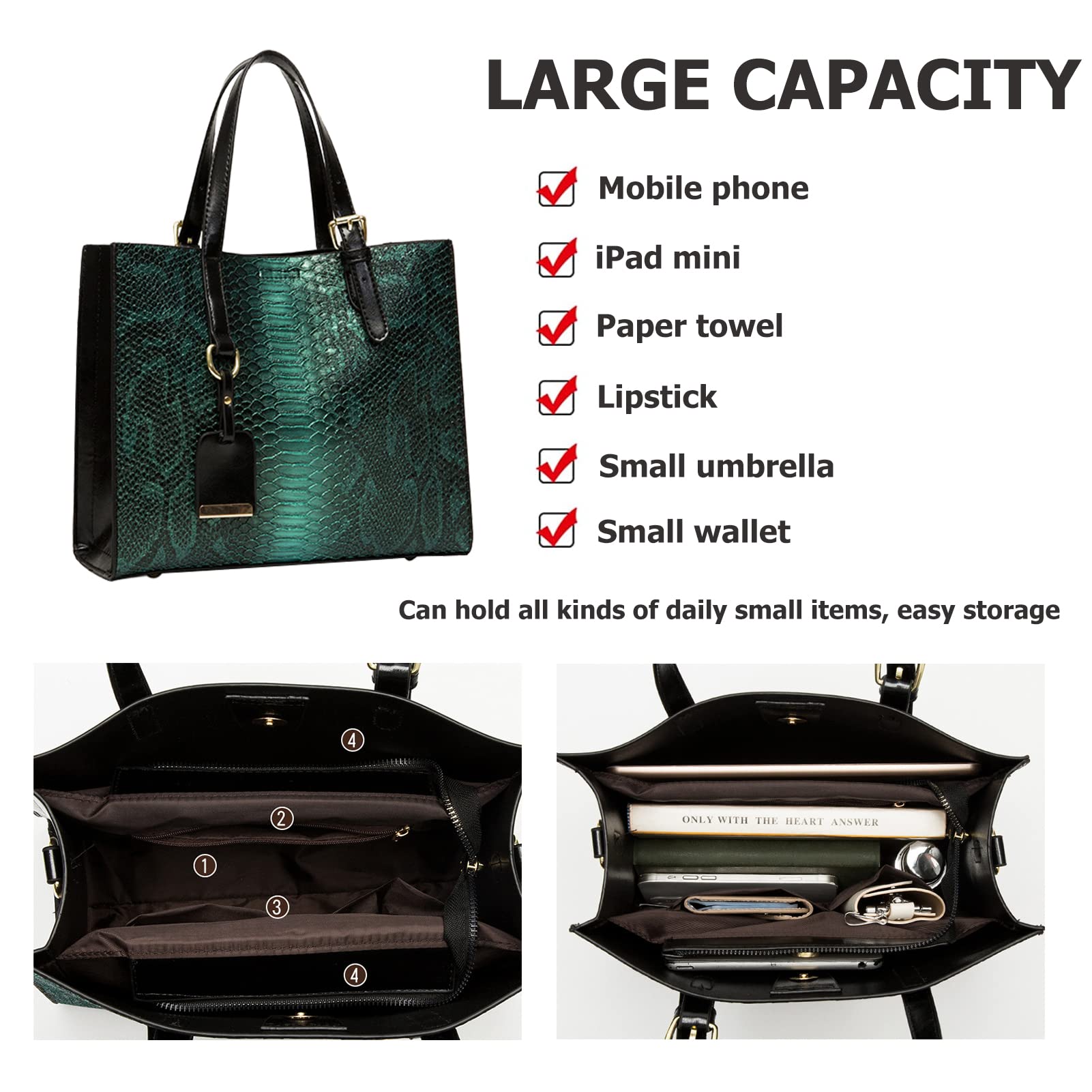 myfriday Vegan Leather Tote Shoulder Bag for Women, Snake Pattern Large Top Handle Bags 3pcs Purse Set