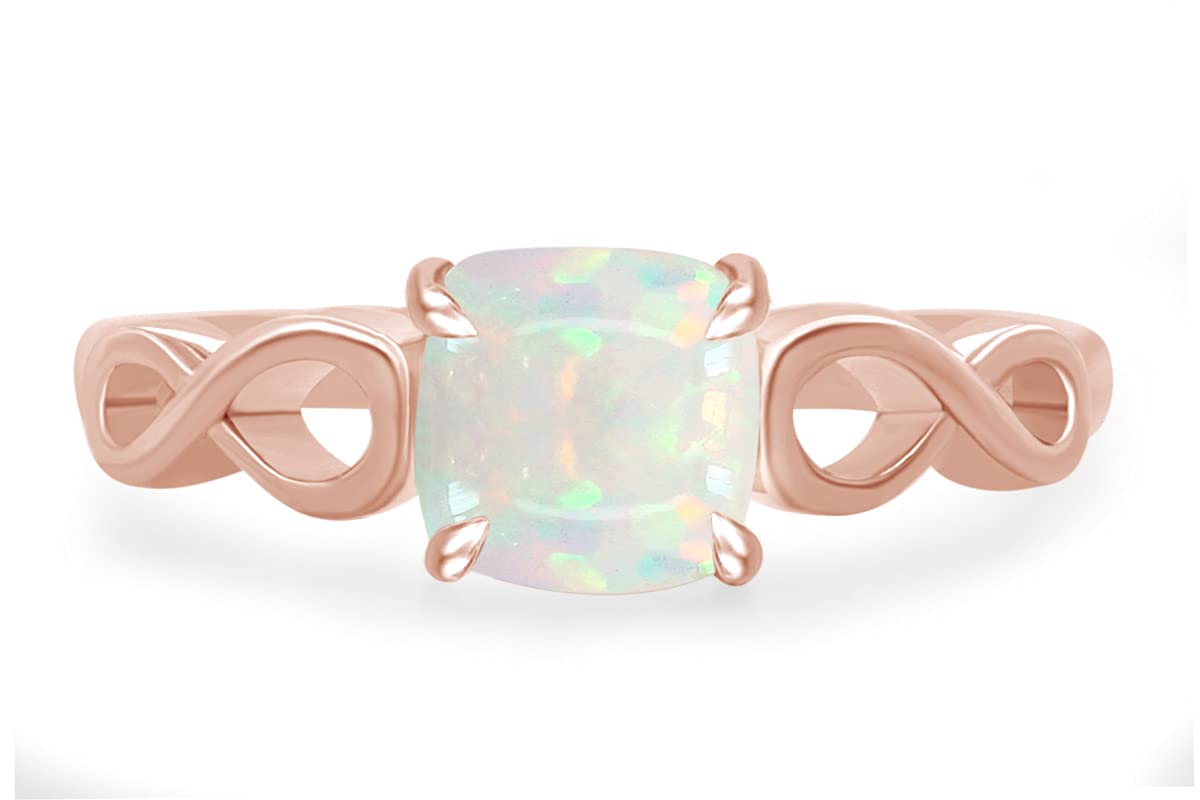 GEMVIO Collection 6MM Cushion Cut Natural Opal Gemstone Infinity Solitaire Engagement Wedding Anniversary Ring in in 14K Rose Solid Gold Jewelry For Women Ring Size -6