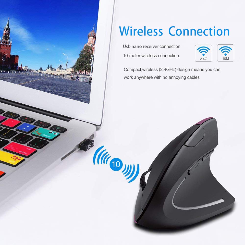 Funwaretech Wireless Ergonomic Mouse, 【Rechargeable】 2.4G Vertical Optical Mice,800/1200 /1600 DPI with 6 Buttons for Laptop,Desktop,PC, MacBook(Purple)