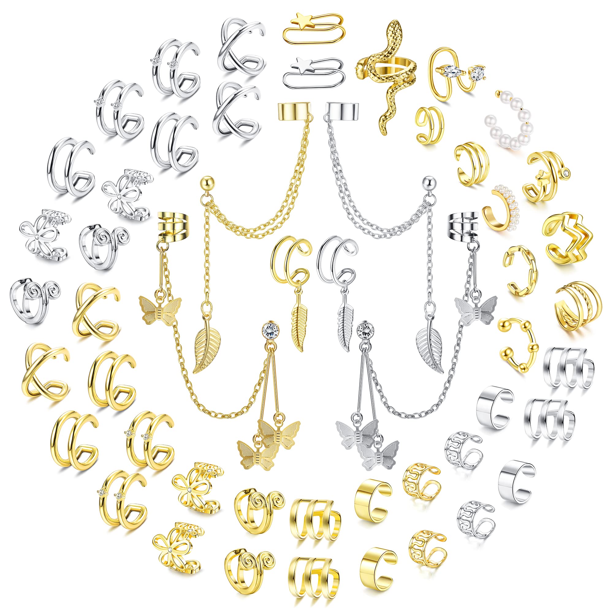 HAIAISO 51Pcs Ear Cuffs for Women Non Piercing Adjustable Ear Cuff Earrings Cuff Chain Earring Clip On Cartilage Helix Wrap Earrings