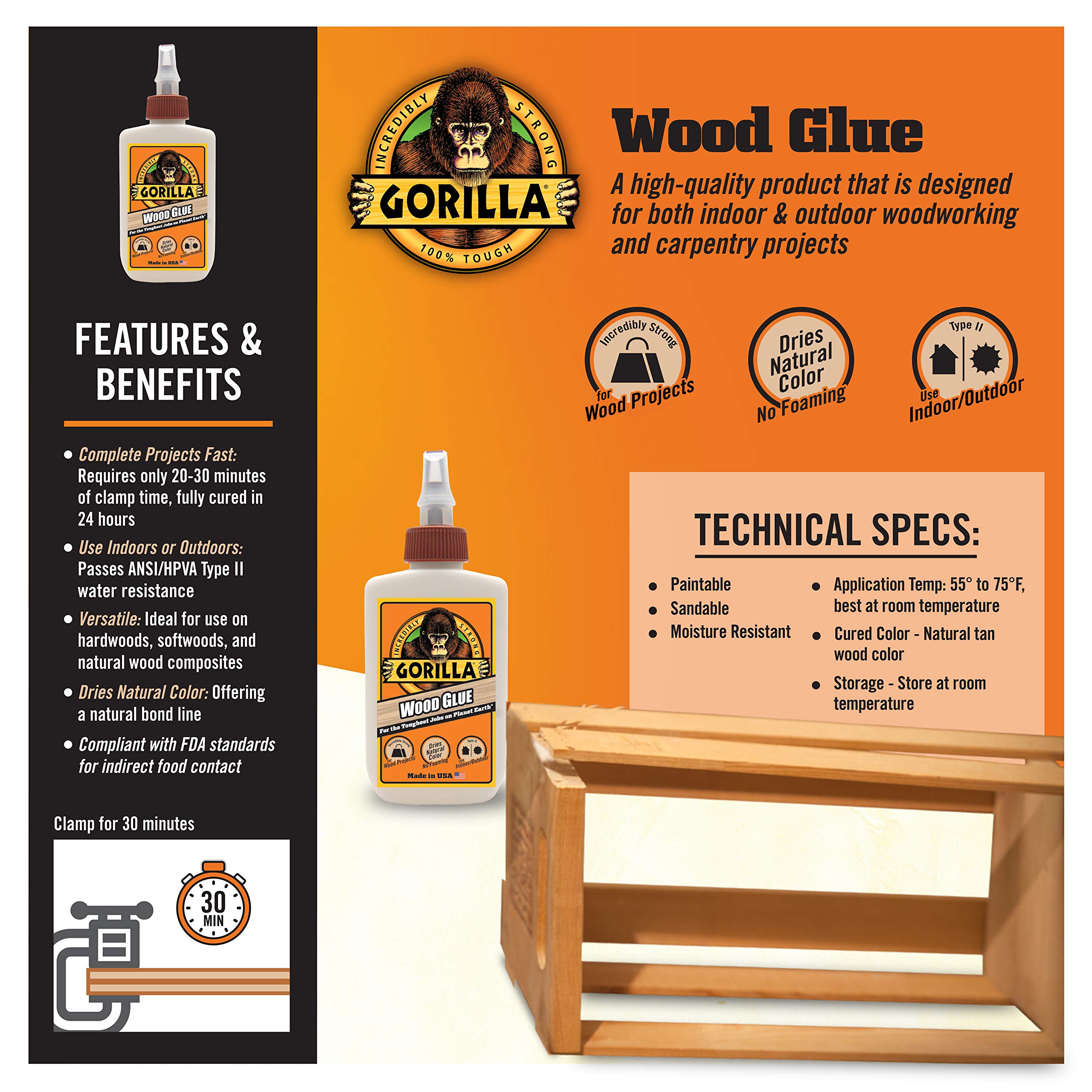 Gorilla Wood Glue, 4 Ounce Bottle, Natural Wood Color, (Pack of 6)