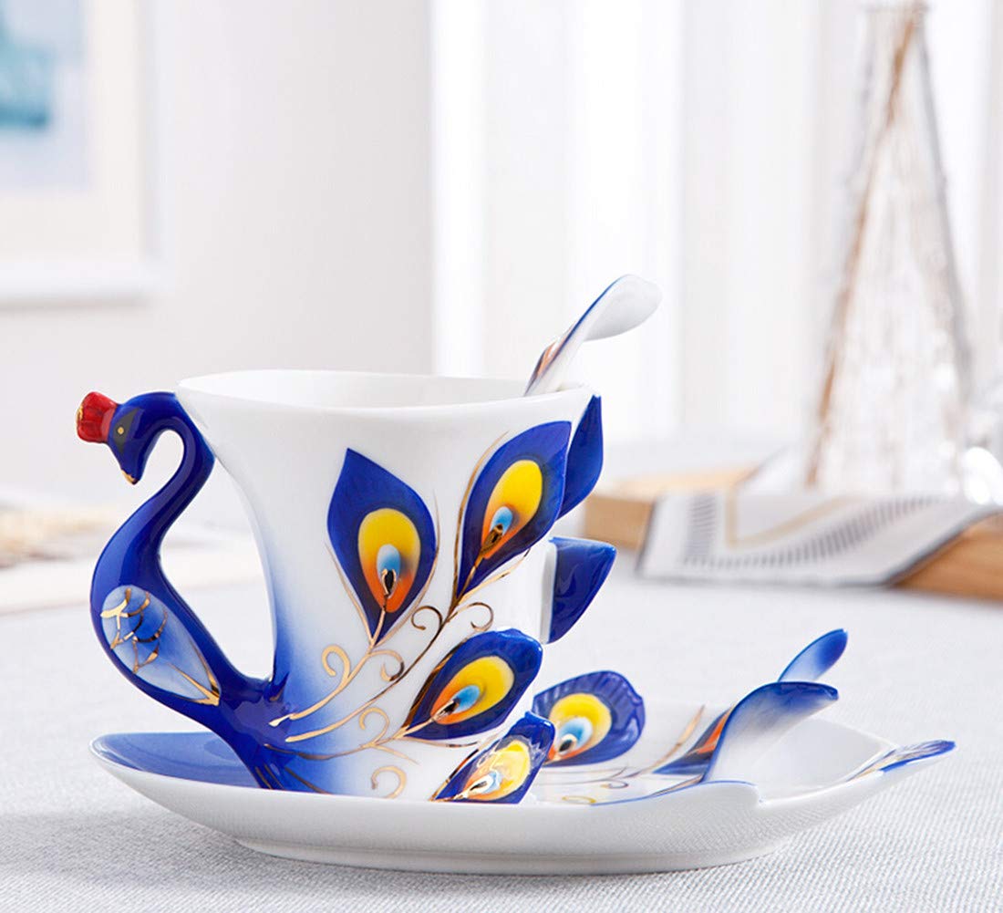 GloDeals Hand Crafted Peacock Tea Coffee Cup Set with Saucer and Spoon Delicate Porcelain Mug for Mom Women Grandma Gift Women’s Day Gift(Blue)