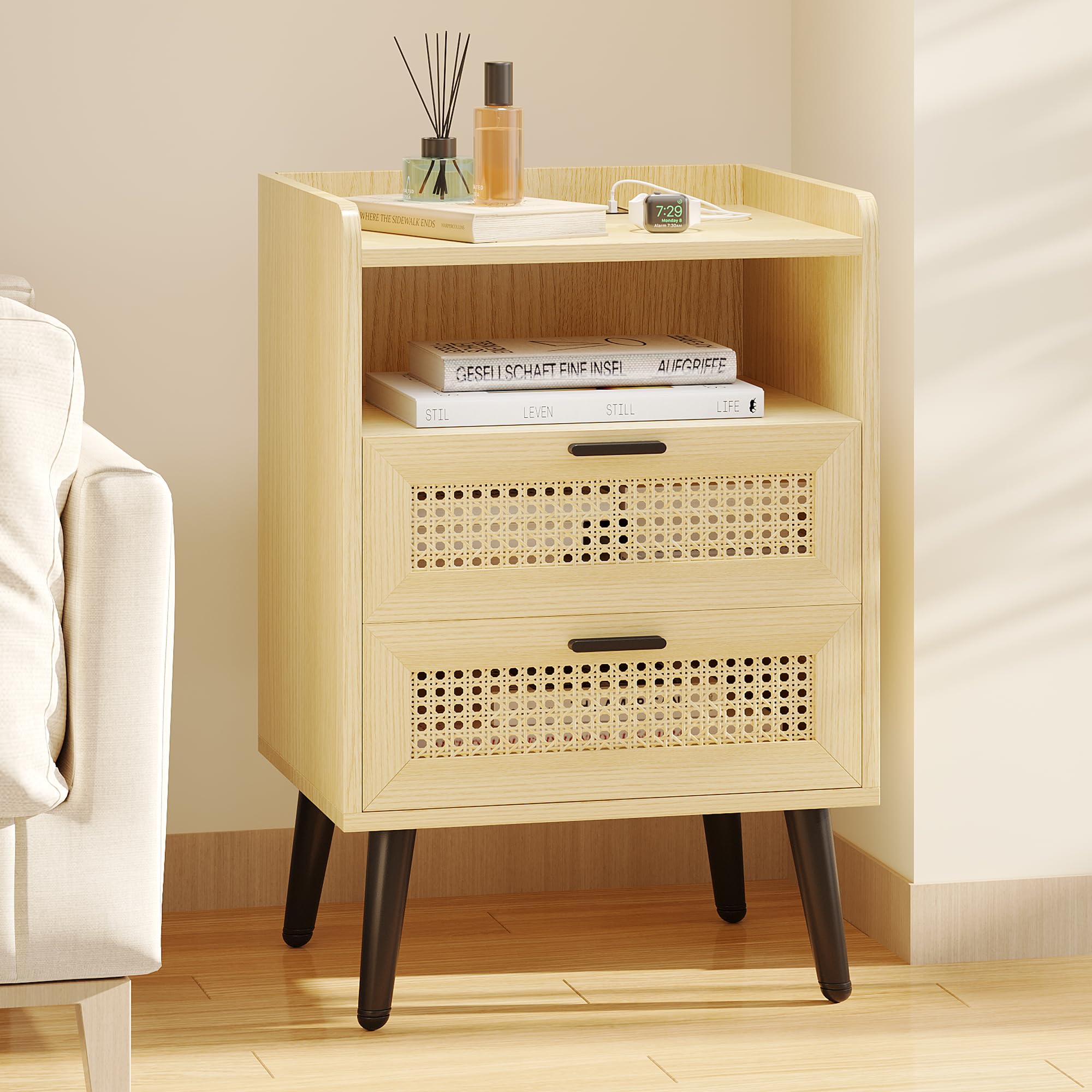 Vlskra Rattan Nightstand with Charging Station, Boho Night Stand with 2 Storage Drawers, Tall Boho Nightstand with Light, 3 Colors Dimmable Lighting, Human Sensor Light (Light Wood)