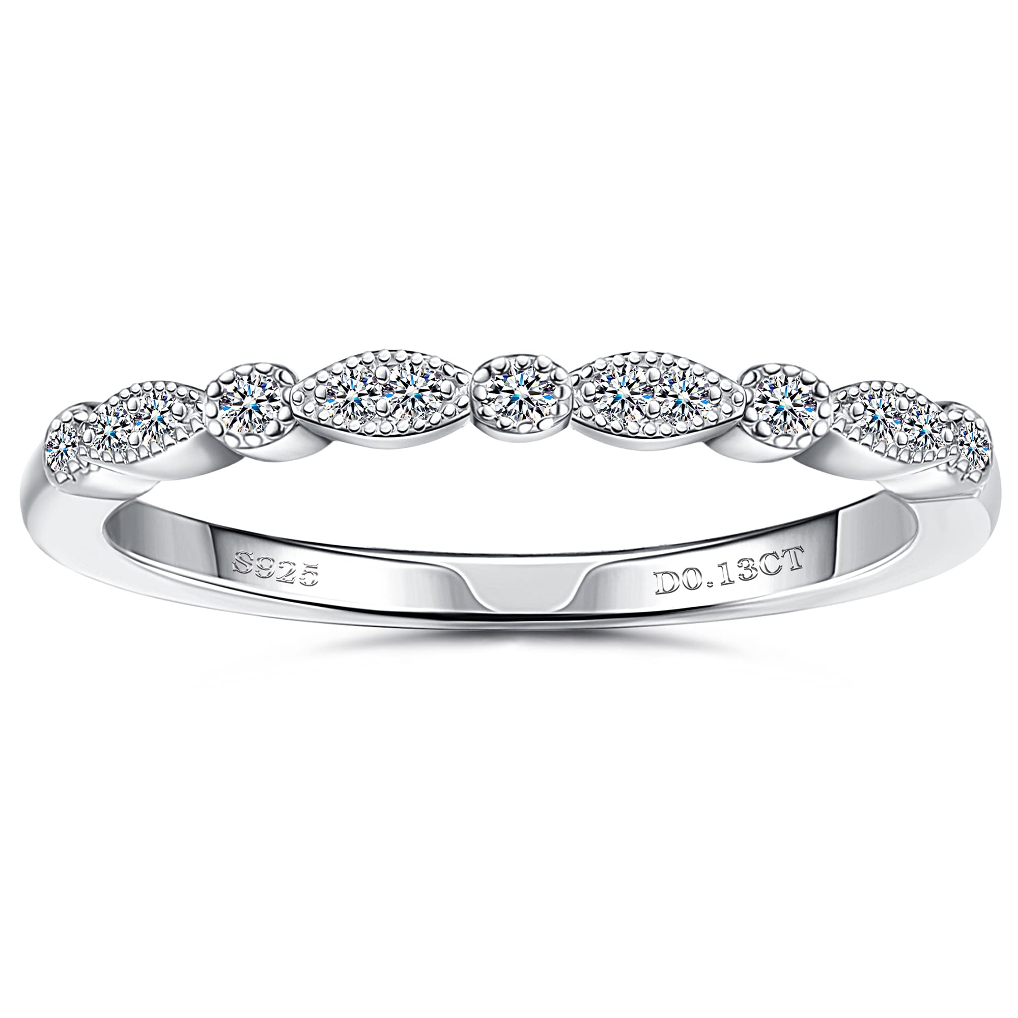 GEMQUEEN Moissanite Wedding Band Ring Milgrain Marquise & Round Moissanite Half Eternity Ring Stacking Infinity Engagement Sterling Silver Matching Ring 0.13ct Brilliant Round Cut D Color VVS1 Clarity Lab Created Diamond Eternity Rings