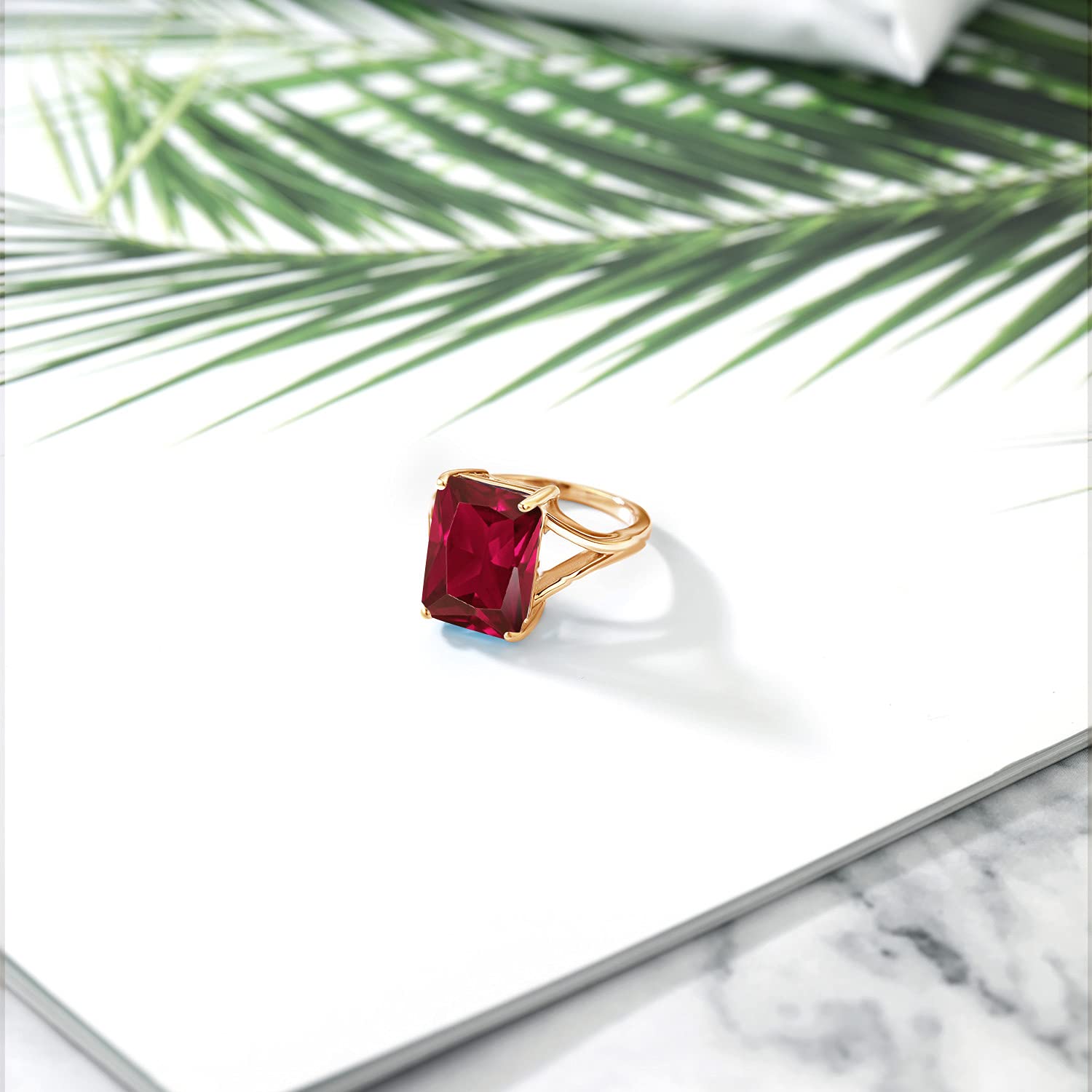 Gem Stone King 18K Yellow Gold Plated Silver Emerald Cut Created Ruby Solitaire Ring For Women (8.00 Cttw Available In Size 5, 6, 7, 8, 9)