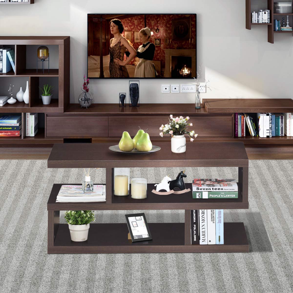 Giantex Coffee Table, Rectangular Tea Table with Storage Shelf, 3-Tier Sofa Table, Modern Console Table, Space Saving Organizer, Furniture for Home Living Room Office, Brown (Brown)