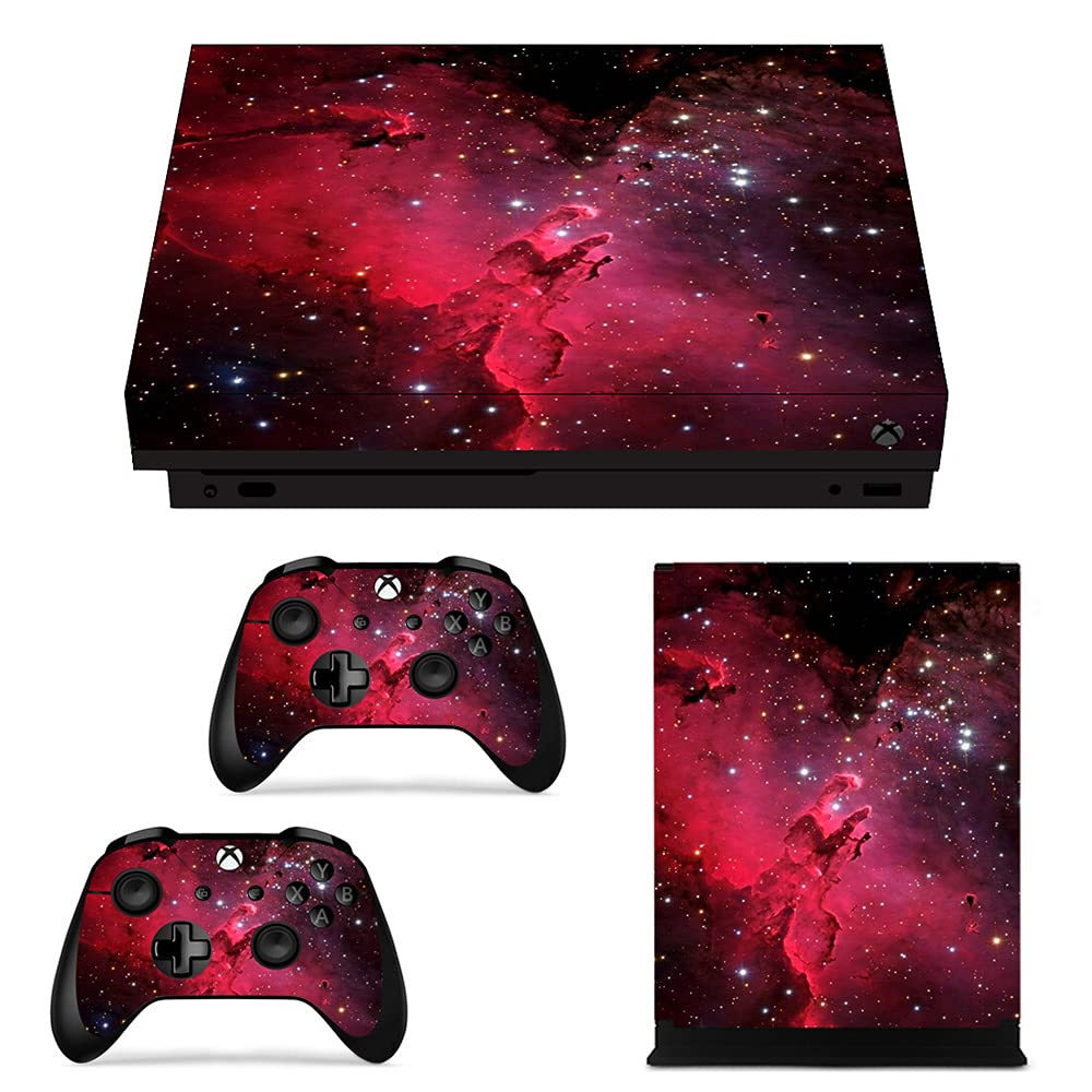 FOTTCZ Vinyl Skin for Xbox One X Console & Controllers Only, Sticker Decorate and Protect Equipment Surface, Red Nebula